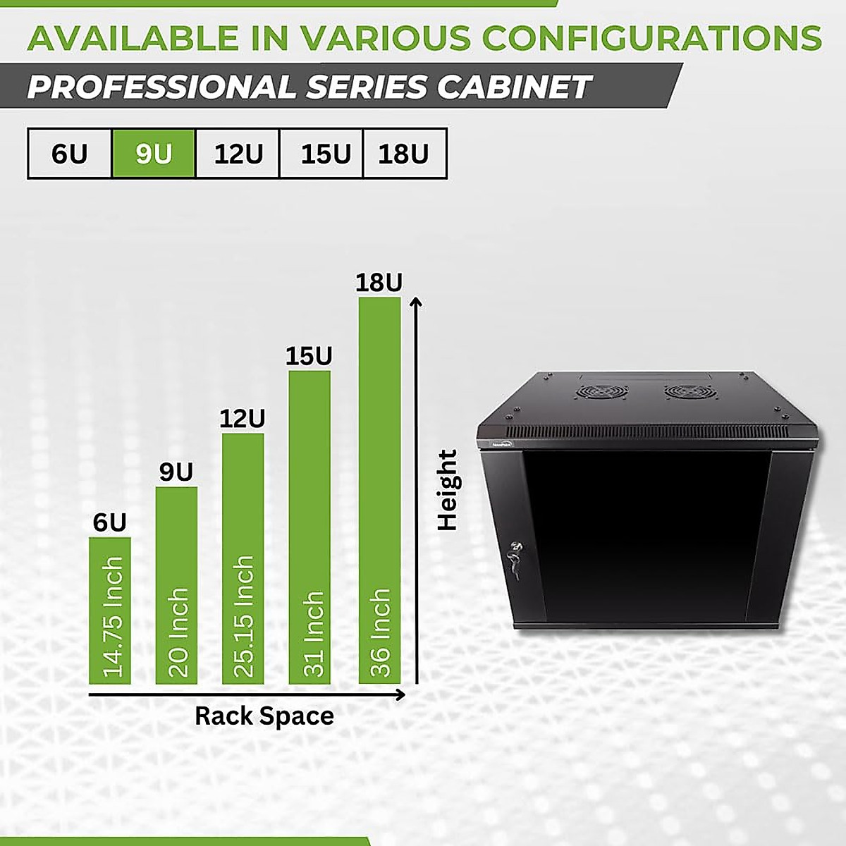 NavePoint 9U Server Rack Enclosure - 17.7” Deep, 9U Wall Mount Network Cabinet with Locking Glass Door for 19” IT Equipment, 9U Network Rack with 2 Fans, Removable Side Panels, Black