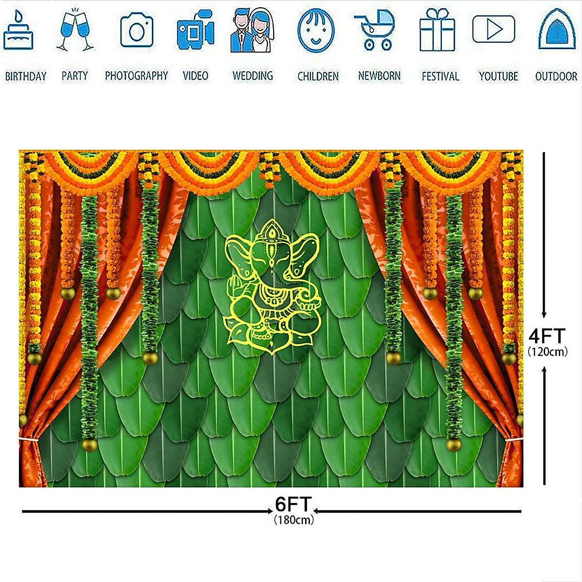 Ticuenicoa 6x4ft India Pooja Traditional Photography Backdrop Banana Leaf Green Chatiya Ganesh Background Puja Ganpati Pooja Mehndi backdrops Decorations Wedding Party Marigold Garlands Photo Props