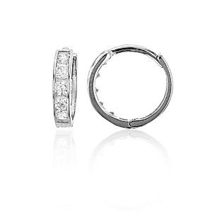 14K White Gold 2x10mm 5-Stone Round White Swarovski Zirconia Channel Huggie Earring