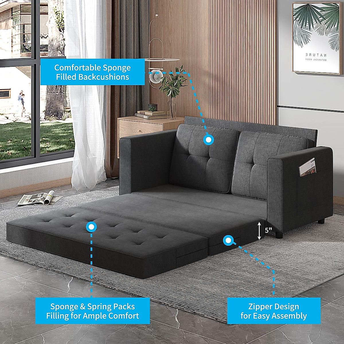 ADOWORE Convertible Sleeper Sofa Bed, 2-in-1 Pull Out Couch Bed with Cushions, Upholstered Floor Folding Sofa Bed, Futon Loveseat Gaming Sofa Bed for Living Room, Apartment, Office