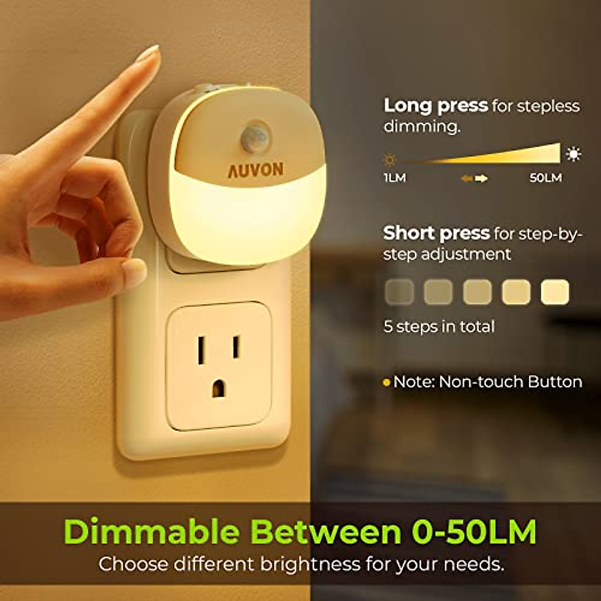 AUVON Plug in Night Light with Motion Sensor and Dusk to Dawn Sensor, Mini Warm White LED Nightlight with 1-50 lm Adjustable Brightness for Bathroom, Hallway, Stairs, Bedroom, Kitchen (4 Pack)