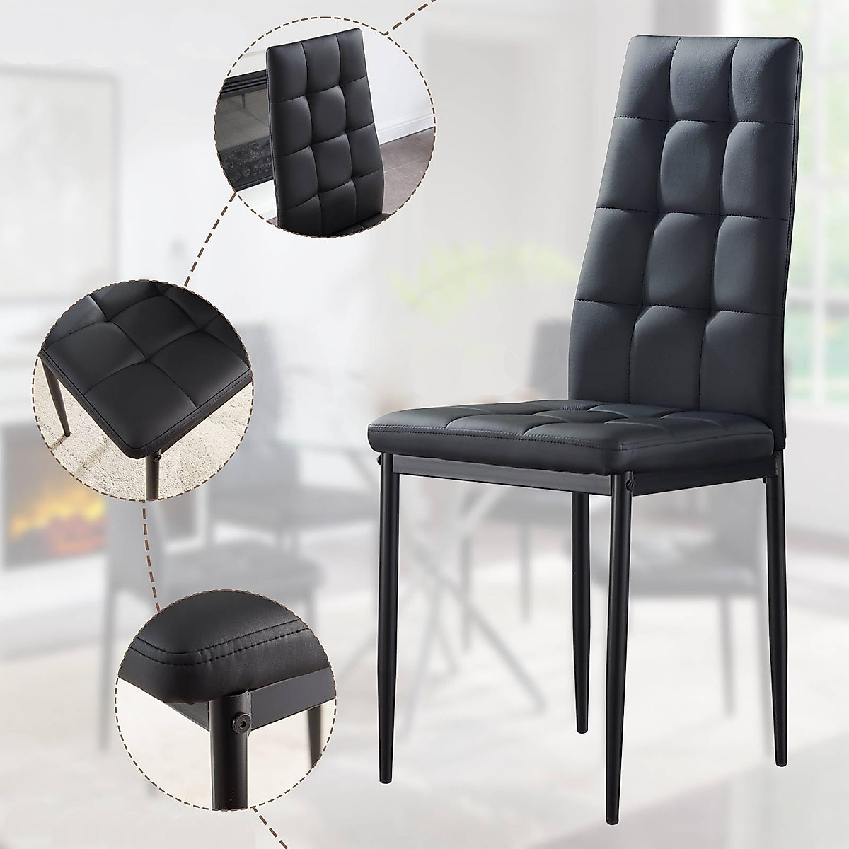WISOICE Black Dining Chairs Set of 2, Kitchen Chairs for Dining Room Chairs, PU Leather Padded Cushion, High Back and Metal Legs