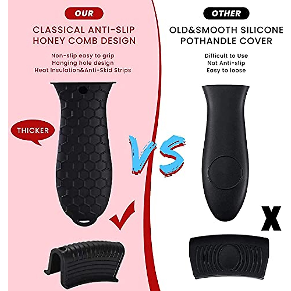 Silicone Hot Handle Holders Cover 4 Pack Cast Iron Skillet Handle Cover Pot Handle Holder Sleeve Non-Slip Heat Resistant Removable Potholder for Metal ​Frying Pans Aluminum Cookware Handles (Black)