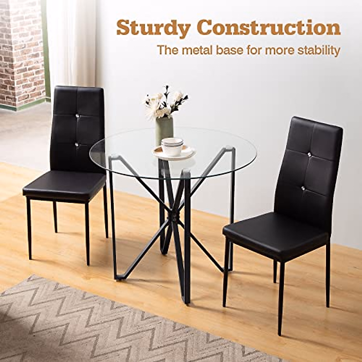 WISOICE Dining Table Round Glass Kitchen Dining Room Table with Tempered Glass Top and Metal Frames, Modern Circle Dinner Table for Small Spaces Living Room