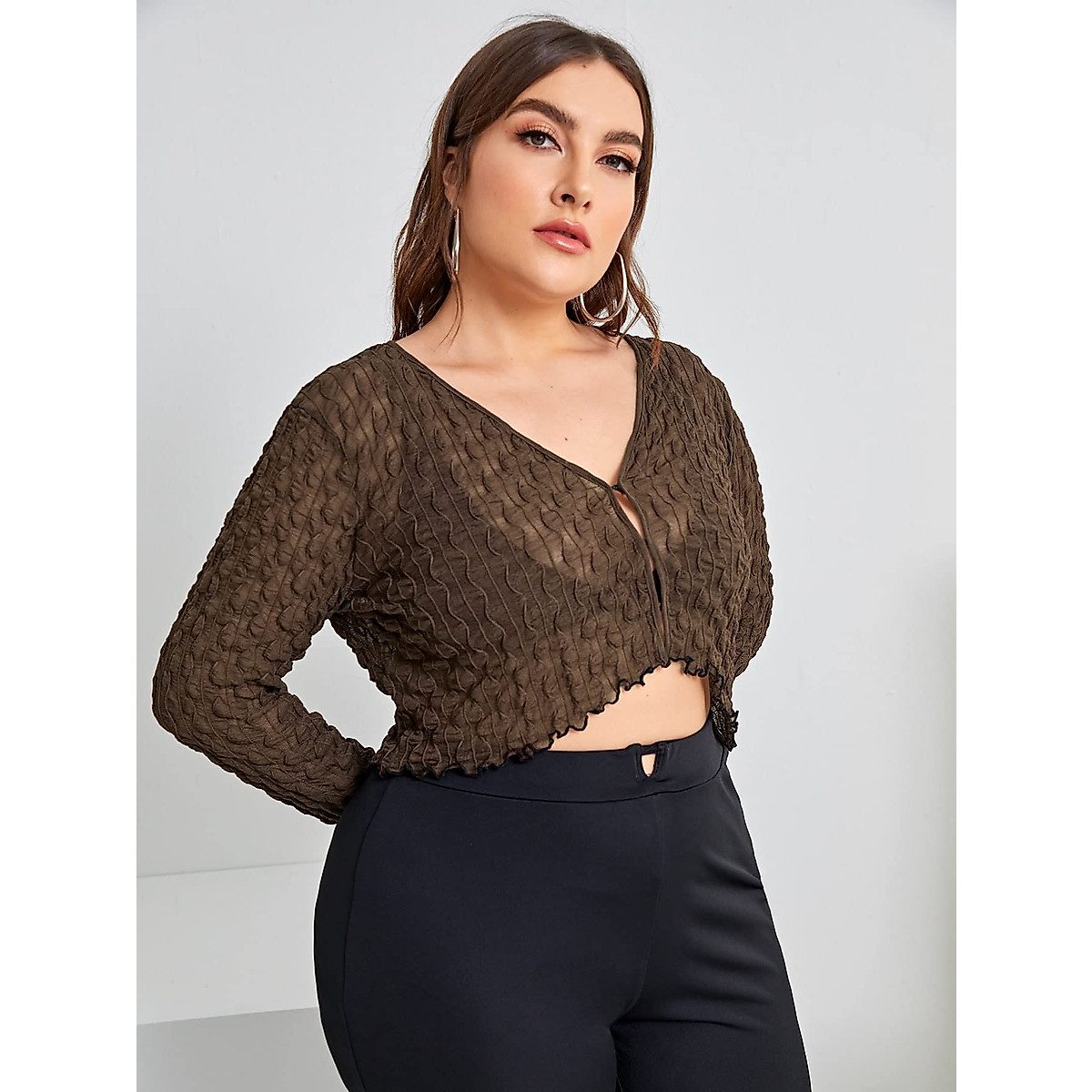 Floerns Women's Plus Size V Neck Lettuce Trim Long Sleeve Mesh Crop Top T Shirt Brown 2XL