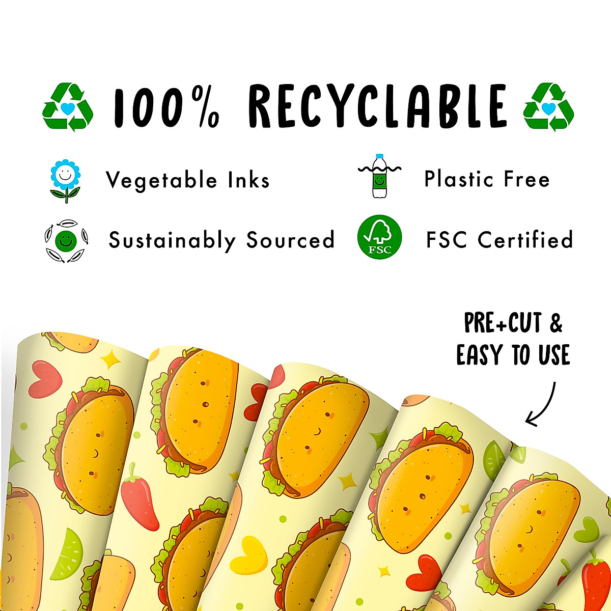 CENTRAL 23 Yellow Wrapping Paper - 6 Sheets of Birthday Gift Wrap - Cute Taco - Mexican Food Themed - For Women Girls Teenagers - Recyclable