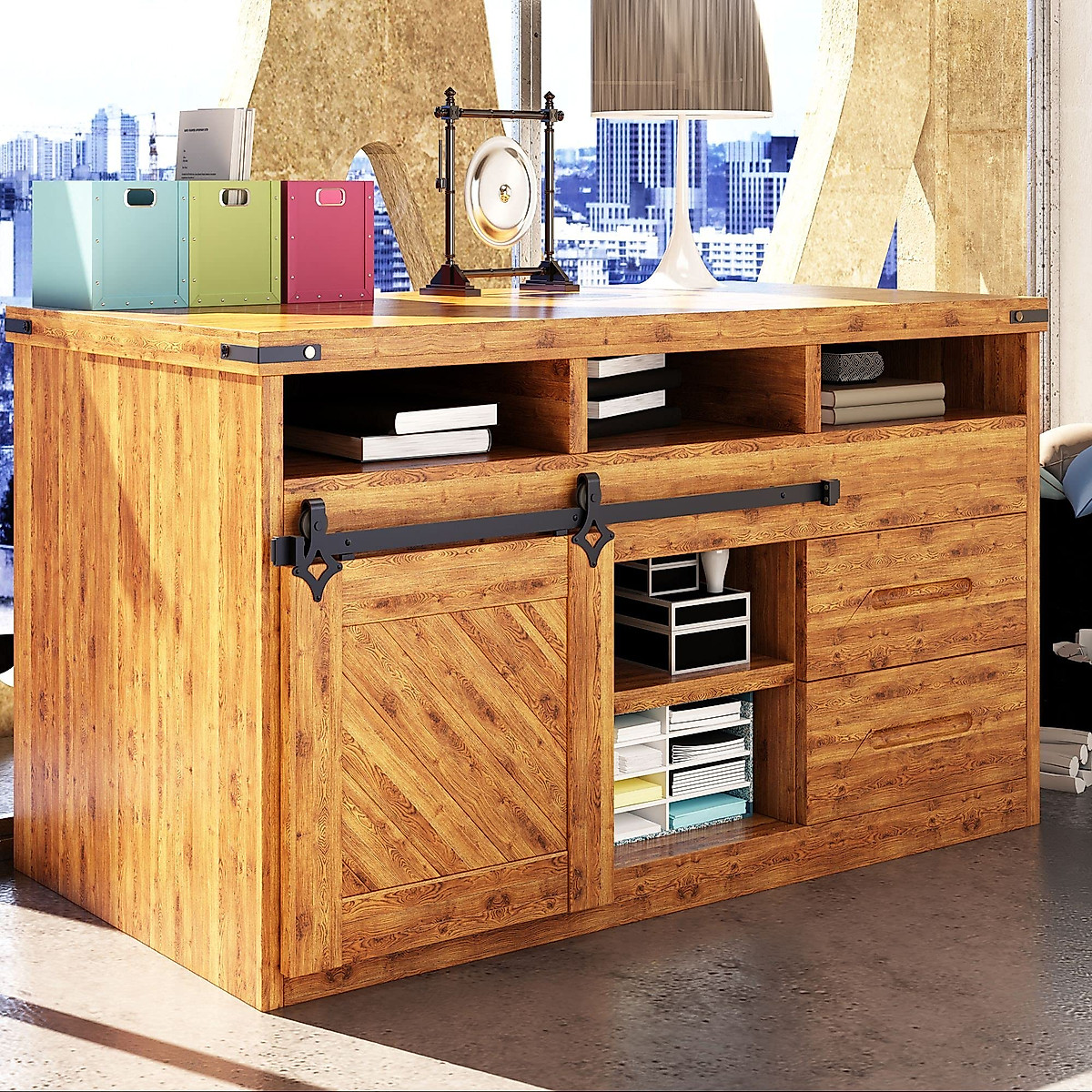 Homacer Mini Black Rustic Non-Bypass Sliding Barn Door Hardware Kit, for One/Single Door, 48-inch Long Flat Track, Diamond Design Roller, Cabinet TV Stand Console Use…