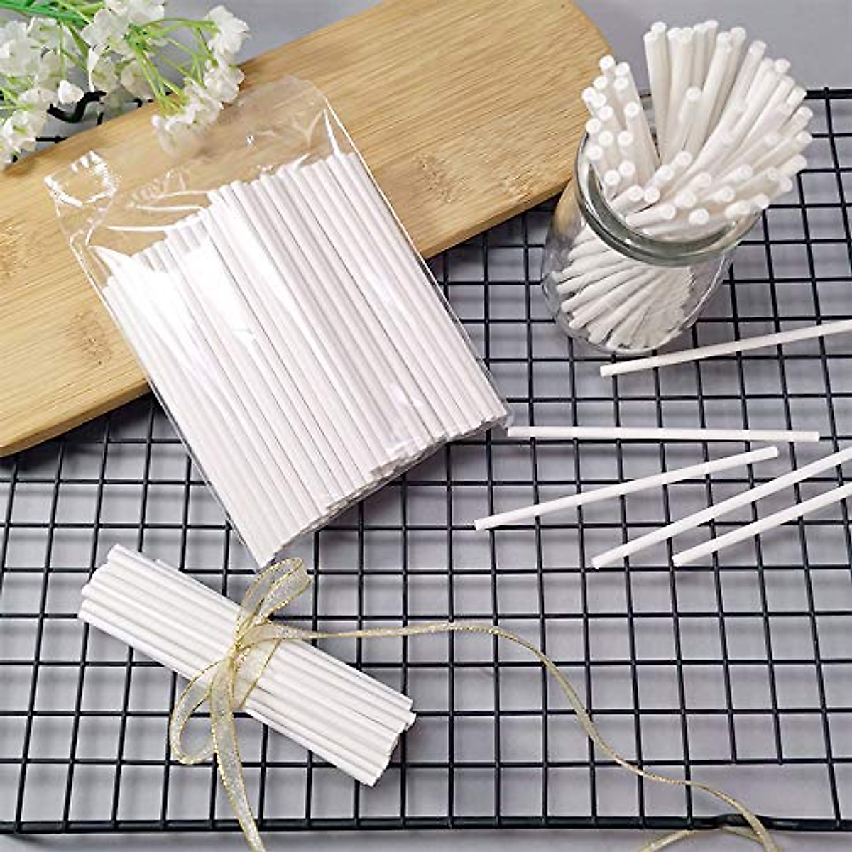 Lollipop Sticks, 200PCS White Paper Lollipop Sticks 6 Inch Lollipop Treat Sticks Sucker Stick for Chocolate,Cake Topper,Rainbow Candy, Cake Pops(3.5mm)