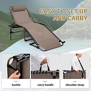 KingCamp Chaise Lounge Outdoor Adjustable Textilene Waterproof Patio Lounge Chair with Side Table Portable Camping Reclining Chair with Pillow (1 Pack, Beige)