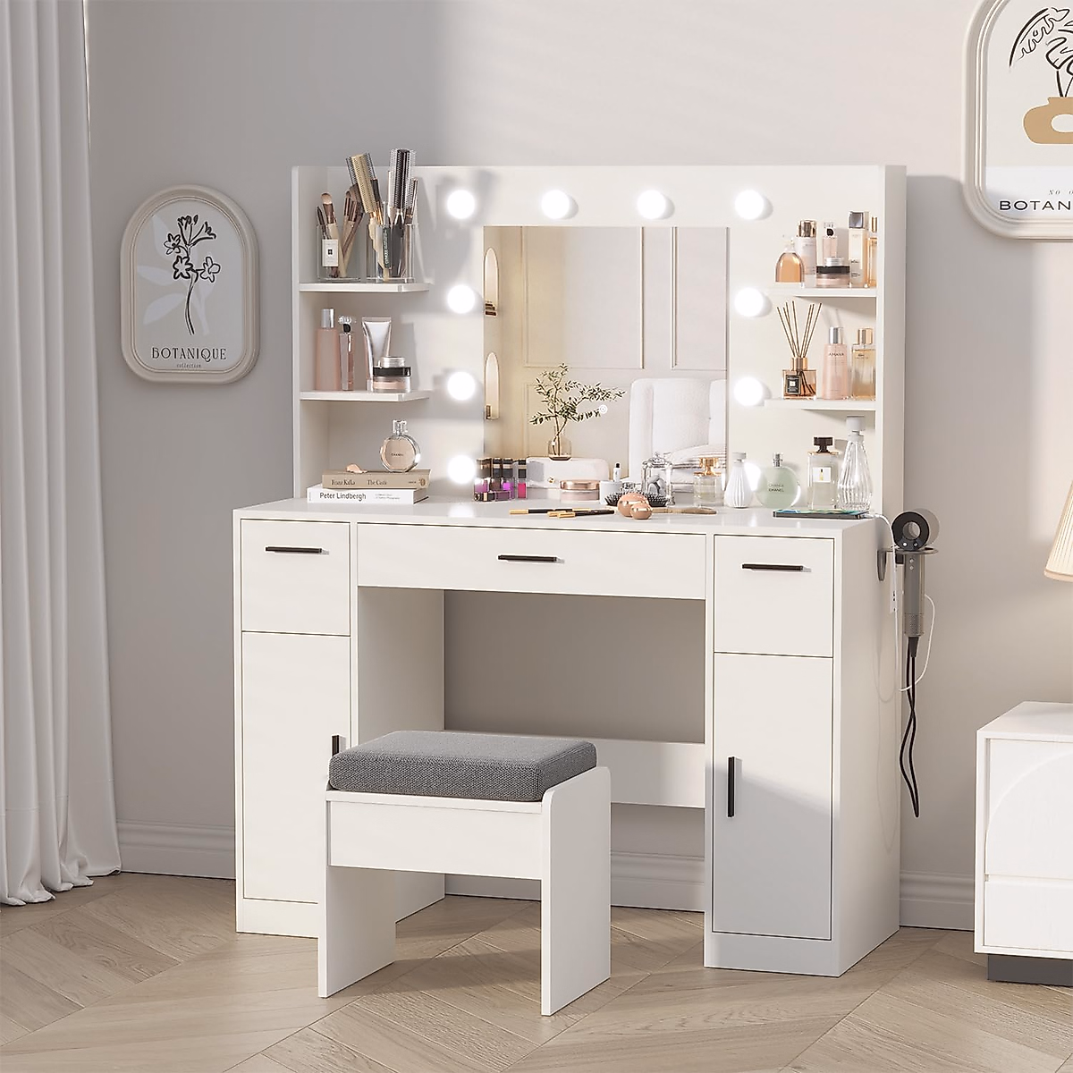 MECHYIN Vanity Desk, Make up Vanity Desk with Mirror and Lights, Vanity with Power Outlet and Stool, 3 Drawer 3 cabinets Storage Unit Dresser, Vanity with Lights 3 Models Settings for Bedroom (White)
