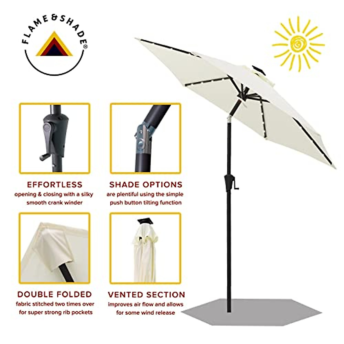 FLAME&SHADE 7.5 ft Solar Powered Outdoor Market Patio Table Umbrella with LED Lights and Tilt, Ivory