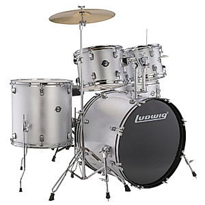 Ludwig Accent Drive Series LC175 Complete Drum Package with Cymbals, Hardware, Drum Throne, Chain-drive Pedal and Sticks (Silver Foil)