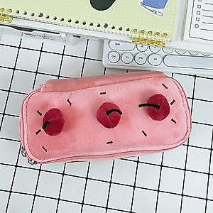 Pink Plush Cherry Cake Pen Bag, Cute Pencil Pouch Stationery Storage Box Kawaii Big Capacity Case Box Pen Holder Lead Pencil Organizer Supplies Pencil Case, Cosmetic Bag (Cherry pencil case)