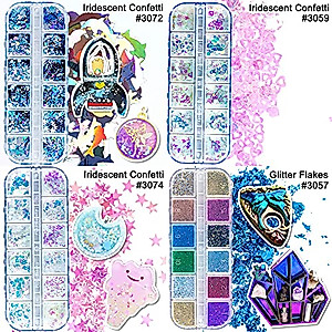 Iridescent Glitters, Holographic Sequins, Laser Flakes, Foil Chips, Beads, Mirror Chrome Pigment Powders, Resin Jewelry Making Kit Art Craft Supplies Pack of 22-Box 264 Designs