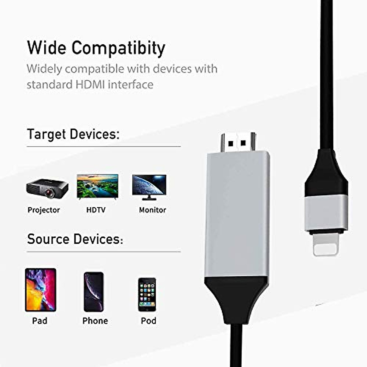 [Apple MFi Certified] Lightning to HDMI Adapter, HDTV Cable Adapter Compatible with iPhone,iPad,iPod 1080P Digital AV Sync Screen Connector on HD TV Monitor Projector-NO Need Power Supply (6.6 Feet)