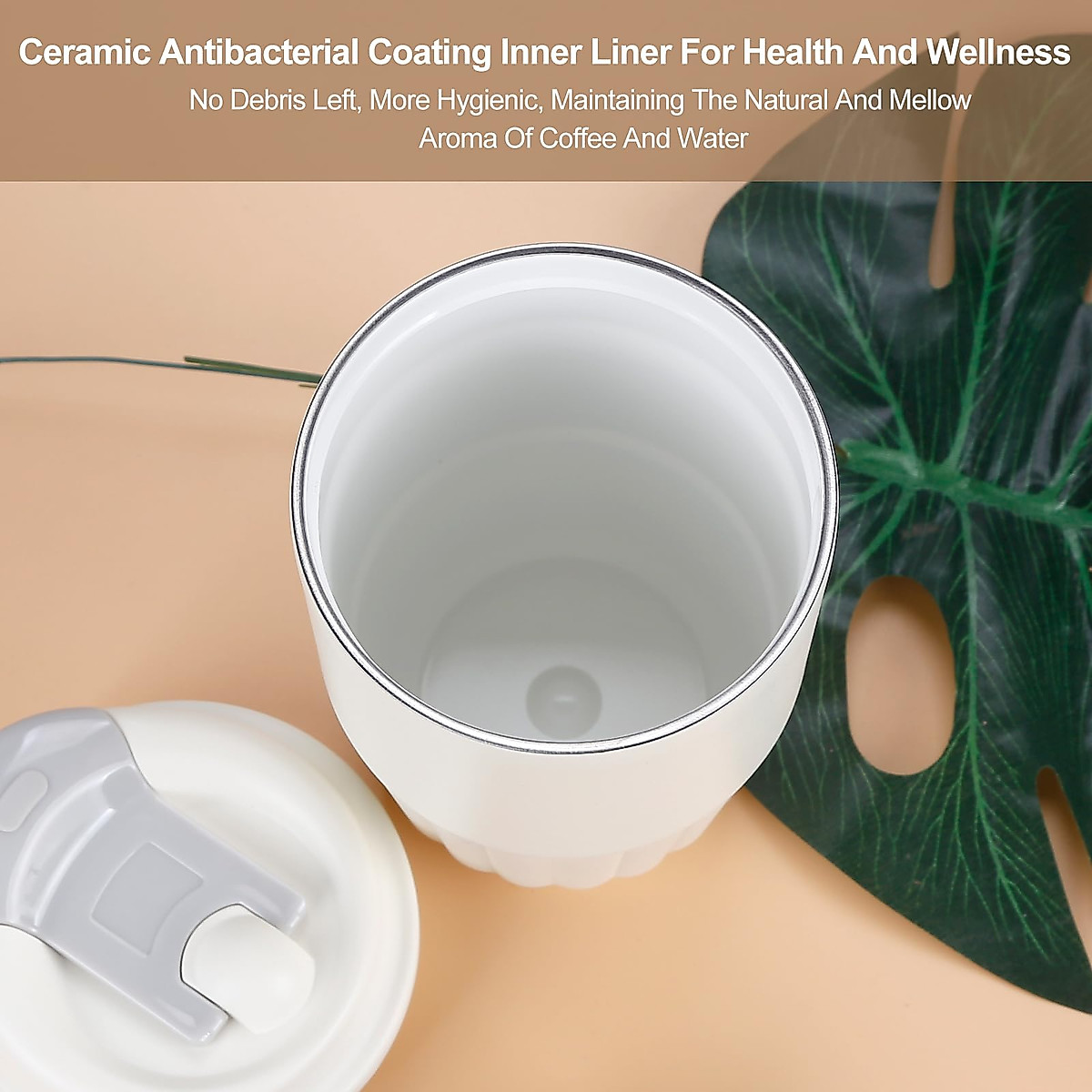 Dlunsen Travel Cup Insulated Coffee Thermal Cup, 14oz Upgraded Double Walled Water Glasses, Vacuum Insulation Stainless Steel with Leak-Proof Lid Tumbler Mug, Reusable Cup for Coffee, White