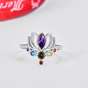 TANGPOET Chakra Rings for Women Lotus Flower Adjustable Rings S925 Sterling Silver Healing Jewelry Reiki Meditation Gifts for Her Yoga Lovers