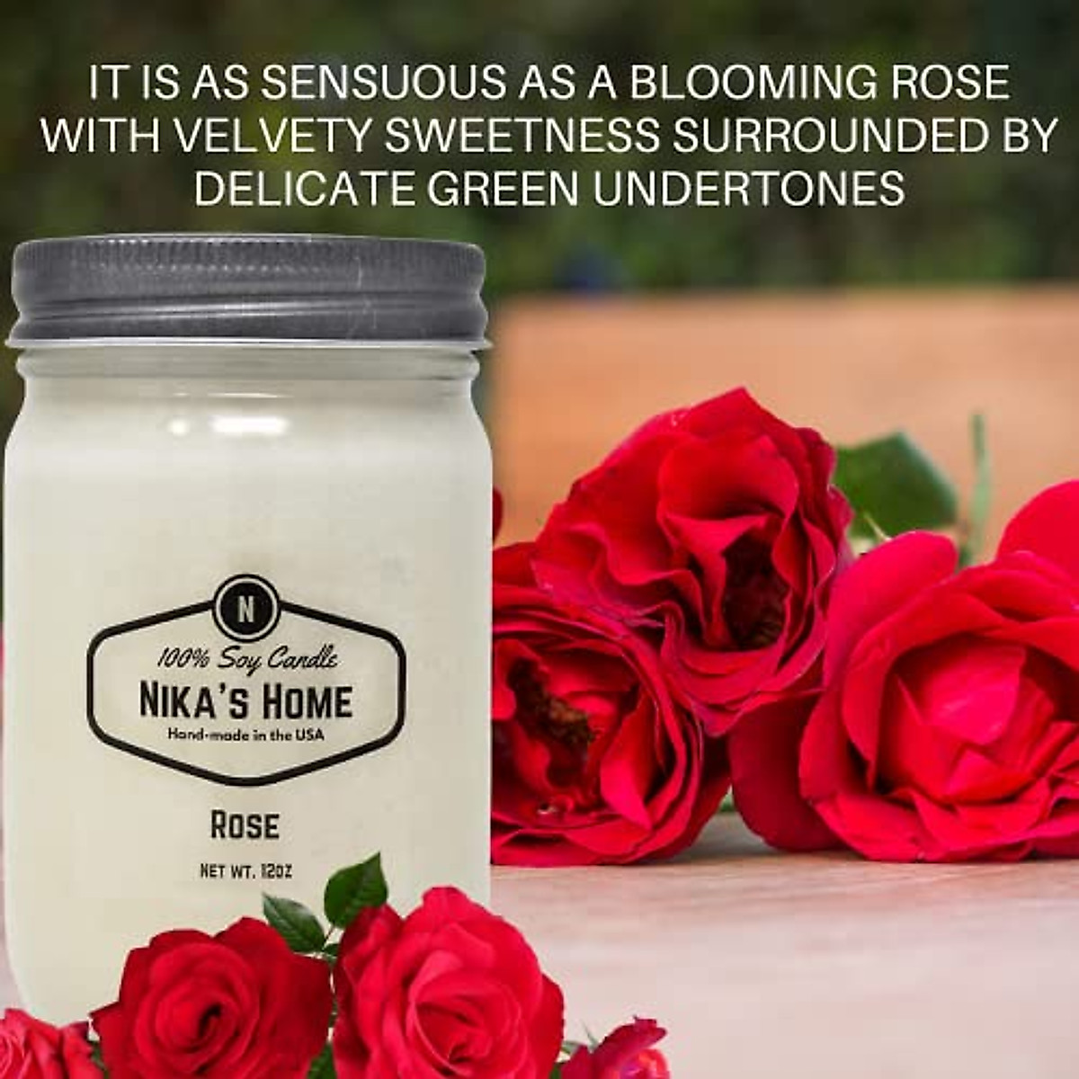 Nika's Home Rose Soy Candle 12oz Mason Jar Non-Toxic White Soy Candle-Hand Poured Candle- Handmade, Long Burning 50-60 Hours Highly Scented All Natural, Clean Burning Large Candle Gift Décor