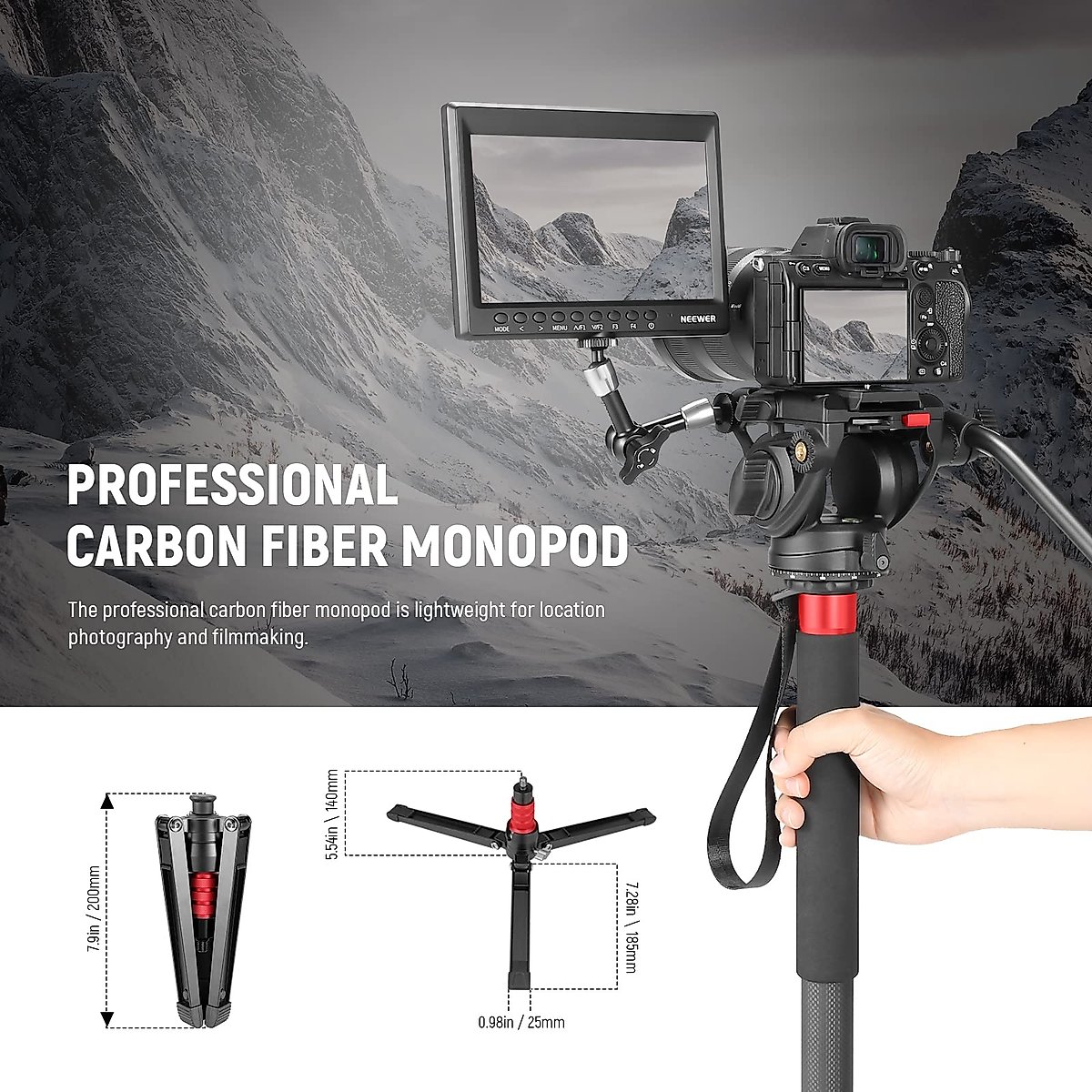 NEEWER 71.6" Pro Camera Monopod with Feet, Carbon Fiber Telescopic Video Monopod with QR Plate Compatible with DJI RS Gimbals Manfrotto, Removable Base for Camera Camcorder, Max Load 13.2lb/6Kg, TP71