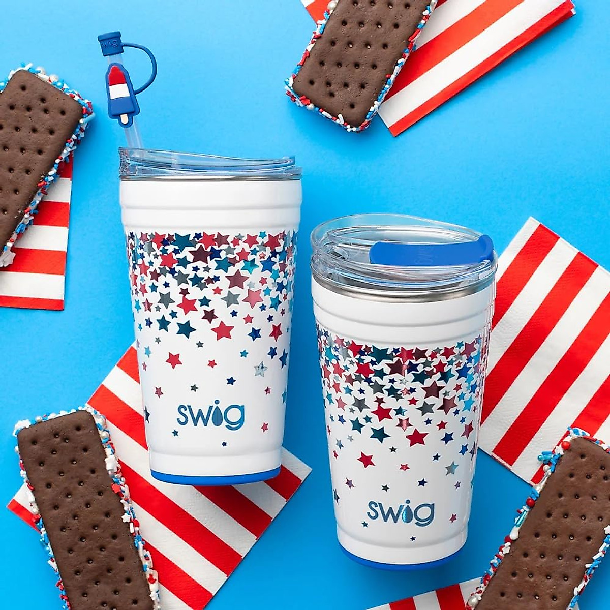 Swig Life 24oz Party Cup, Stackable Insulated Travel Coffee Tumbler with EZ Slider Lid, Cup Holder Friendly Travel Thermos, Stainless Steel 24 oz Tumbler, Reusable Coffee Mug (Star Spangled)