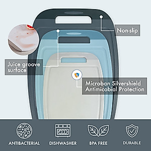 Neoflam Microban Antimicrobial Plastic Cutting Board 3 Sets, BPA Free, Non-Slip EZ Grip Handle, Dishwasher Safe, Reversible Use, Large Juice Grooves, Blue Gray