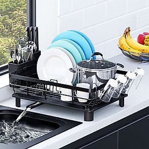 TYigao Dish Drying Rack, Dish Rack with Drainboard, Dish Racks for Kitchen Counter, Dish Drainer with Removable Utensil Holder,Space Saving Durable Stainless Steel Kitchen Drying Rack(Black)