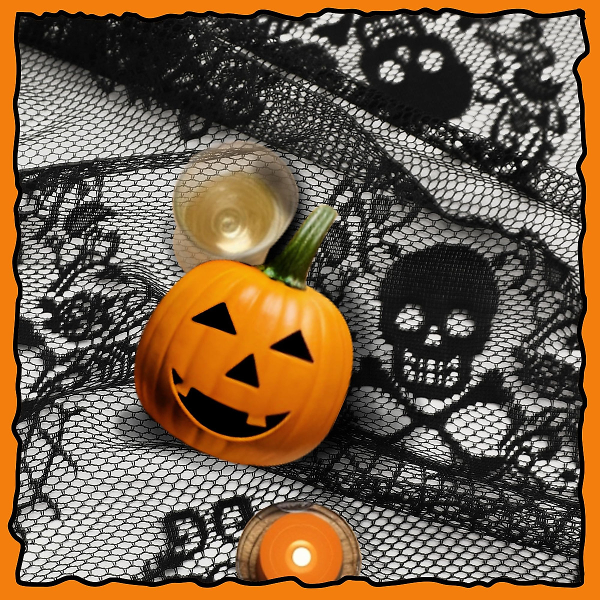 OWENIE Halloween Tablecloth, Skull Lace Fabric Tablecloths with Tassel, Black Pumpkin Table Cloths Table Cover for Rectangle Tables for Parties Gothic Halloween Home Decorations, 52x52 Inch