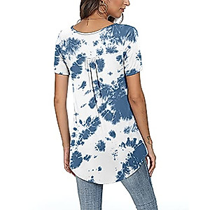 POPYOUNG Women's 2023 Spring-Summer Casual Short Sleeve Tunic Tops Ruffle Blouse T-Shirts XL, Blue Tie dye