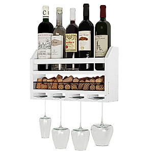 Wallniture Blanc Wine Rack Wall Mounted, Wall Wine Bottle Holder with Wine Glass Rack, Wall Mount Wine Holder with Wine Cork Holder, Rustic Wall Wine Rack for Wine Bottles, Burnt White, Wood