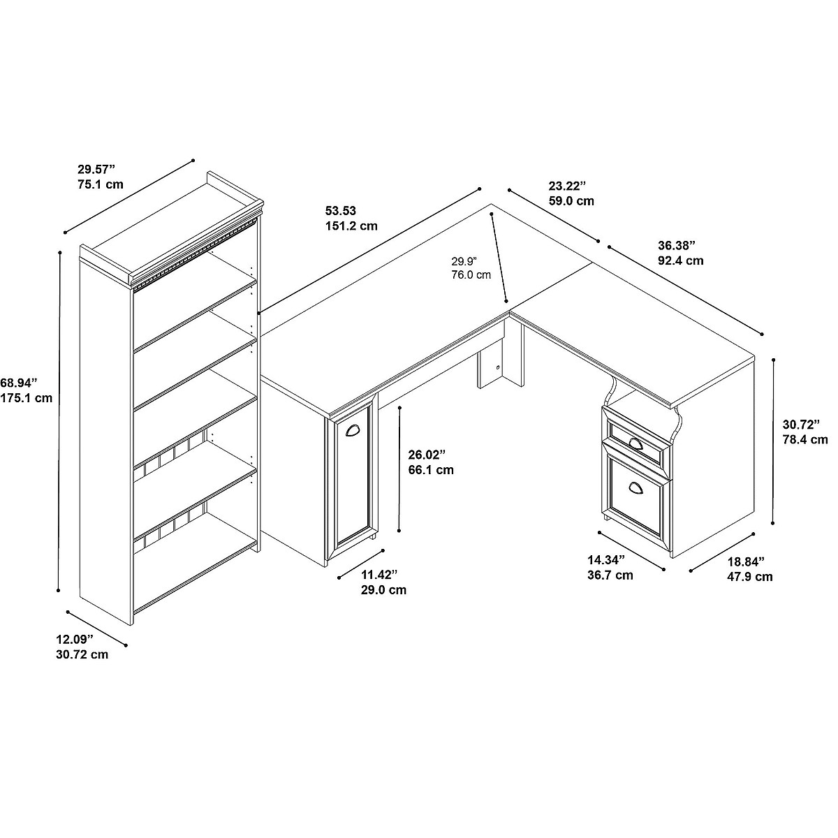 Bush Furniture Fairview L Shaped Desk and 5 Shelf Bookcase in Antique Black