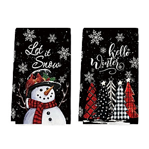 Artoid Mode Black Snowman Let It Snow Xmas Trees Hello Winter Kitchen Towels Dish Towels, 18x26 Inch Daily Seasonal Christmas Decoration Hand Towels Set of 2