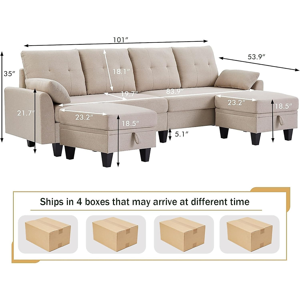 Tornama 111" Sectional Couches for Living Room, Modern Polyester Fiber U-Shaped Sofa Couch with Double Chaise, 4 Seat Sofa Set for Apartment, Beige