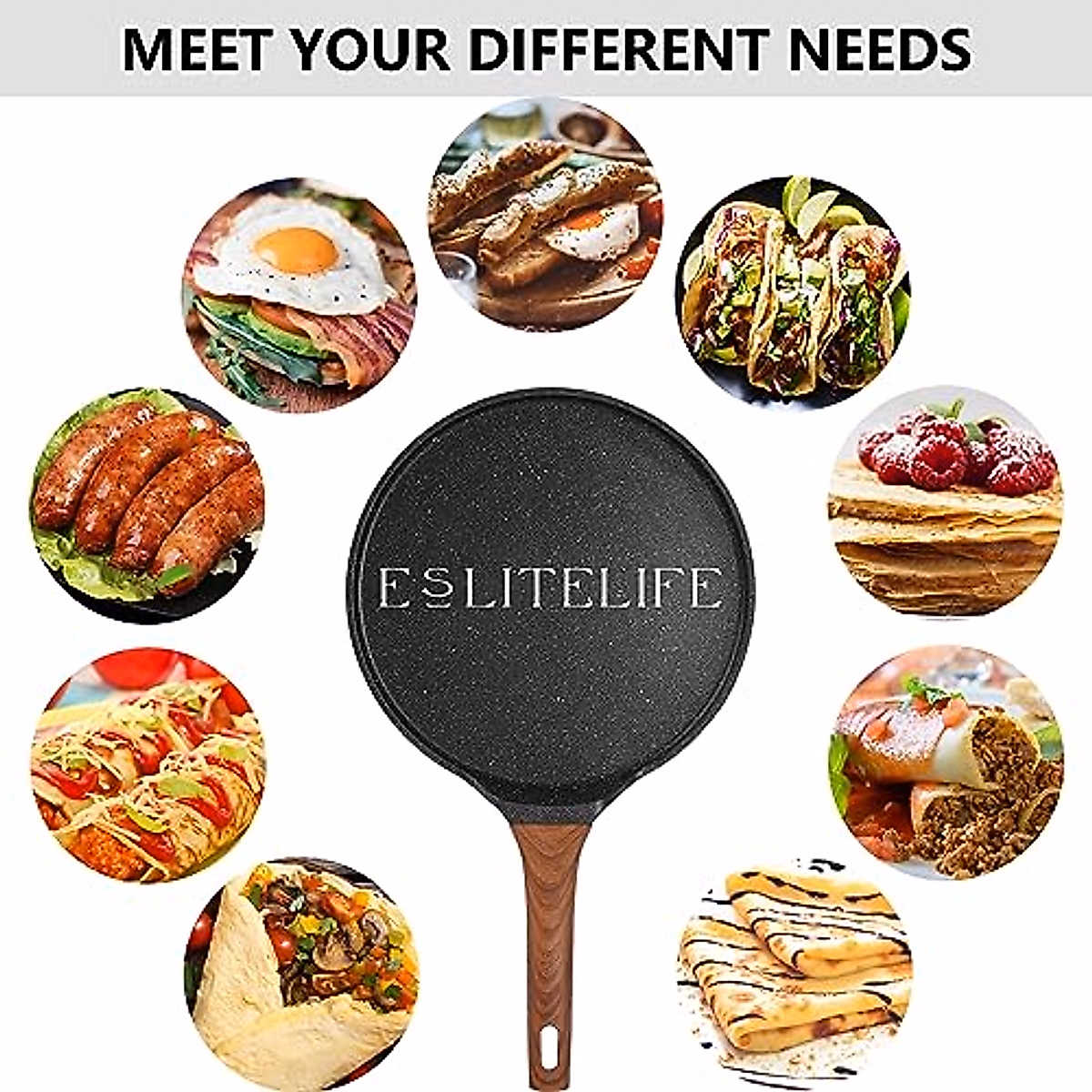 ESLITE LIFE Nonstick Crepe Pan with Spreader, 11 Inch Granite Coating Flat Skillet Tawa Dosa Tortilla Pan, Compatible with All Stovetops (Gas, Electric & Induction), PFOA Free, Black