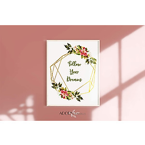 Inspirational Quotes Wall Art for Women - Strong Girls Floral Wreath Boho Print - Positive Affirmation Wall Decor for Teens - Shabby Chic Bedroom Artwork for Her - Follow Your Dreams 8x10 UNFRAMED