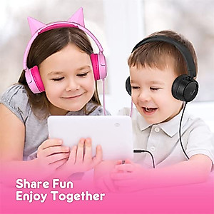 vinamass Kids Headphones, Toddler Headphones with Decorative Cat Ear, 85dB/94dB Safe Volume Limit, for Kids, Boys, Girls, Audio Sharing, Foldable Wired Children Headphones(Pink)