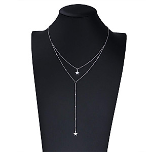 DAOCHONG S925 Sterling Silver Double Chain Bead Star Layered Necklace for Women Christmas Graduation Gift Y2K Jewelry (Layered Star)