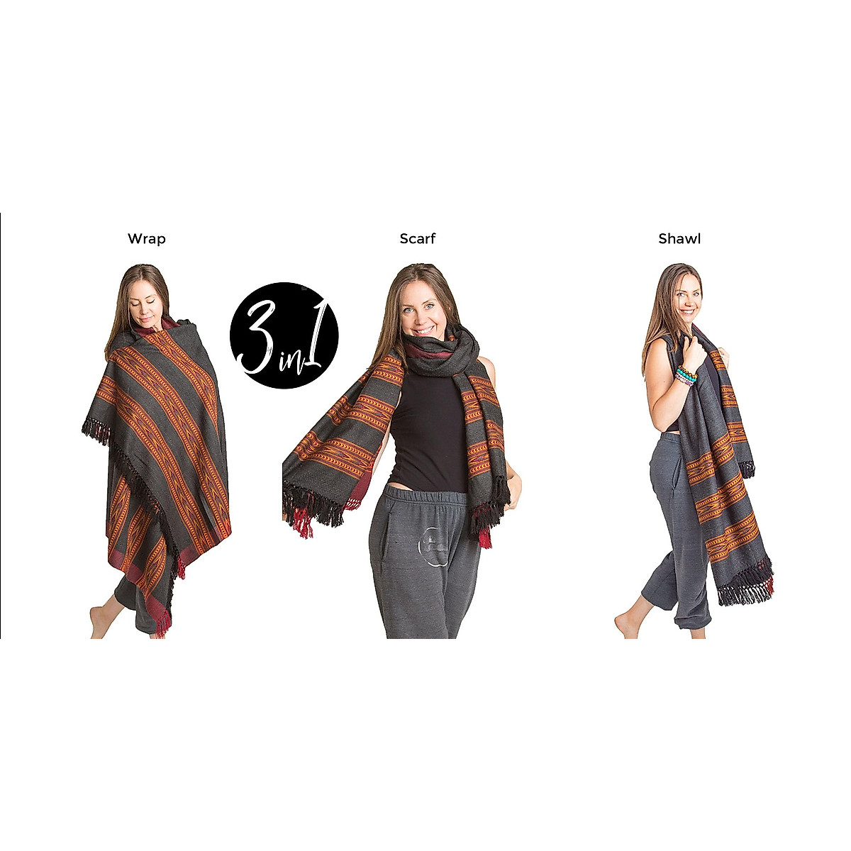 Om Shanti Crafts Meditation or Prayer Shawl or Plain Blanket, Wool Shawl/Wrap, Oversize Scarf. Unisex (Dark Grey)