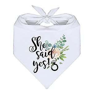 YHTWIN She Said Yes Wedding Dog Bandana, White Flower Pattern Cotton Triangle Dog Scarf, Dog Engagement Wedding Announcement Photo Props Accessories for Pet Dog Lovers Gifts