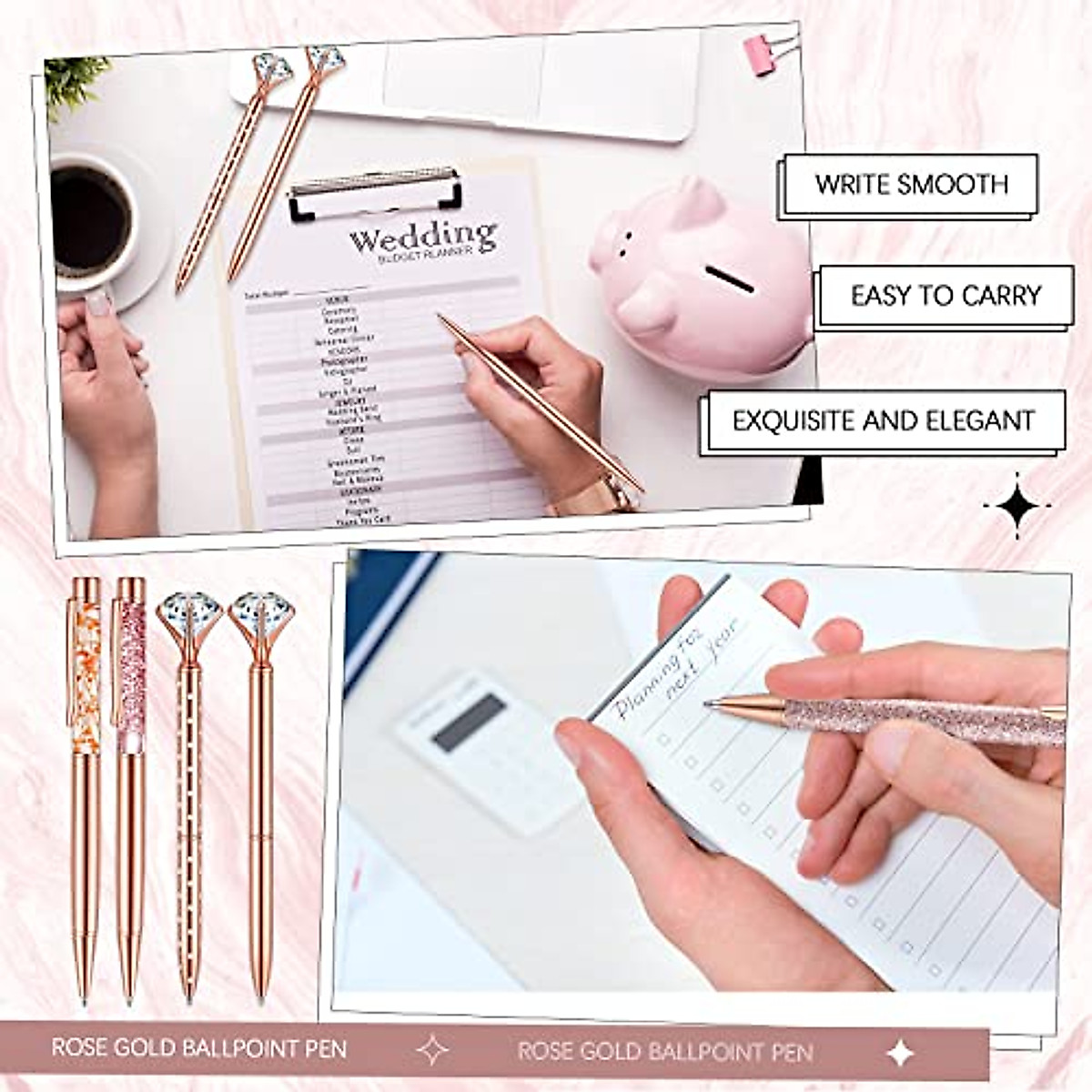 16 Pcs Rose Gold Ballpoint Pen Set Include Diamond Pen Metal Stylus Pen Liquid Sand Pen Flower Pen Glitter Retractable Pen Black Ink Slim Ballpoint Pen for Wedding Party Office School Home Supplies