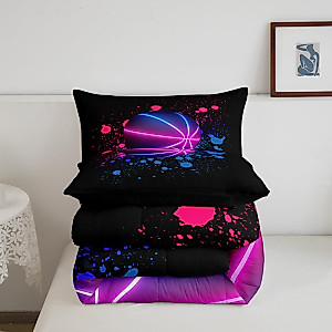 Basketball Comforter Set,Neon Basketball Bedding Set Twin,Pink Blue Tie Dye Printed Duvet Insert For Kids Boys Girls Teens Bedroom,Black Sports Theme Down Comforter With 1 Pillow Case,Lightweight Soft