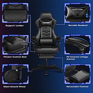 ELECWISH Gaming Chair, Reclining Computer Chair with Footrest and Lumbar Support, High Back Ergonomic Gamer Chair for Adults, Gaming Desk Chair with Headrest PU Leather