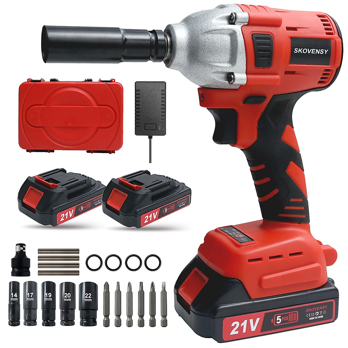 SKOVENSY Cordless Impact Wrench 258Ft-lb（350N.m）, 1/2 Impact Gun, 2 Batteries, Pistola de Impacto, with 5 Sockets, Electric Impact Driver for Car Tires and Home RED
