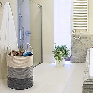 EZOWare Large Cotton Rope Storage Basket, Soft Woven Laundry Hamper with Handles for Bathroom Nursery Closet - Gradient Gray, 15 x 18 inch