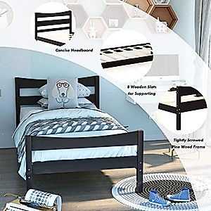 Giantex Wood Bed Frame Twin Size, Rustic Style Platform Bed w/Headboard & Footboard, Solid Wood Slat Support, No Box Spring Needed, Panel Bed Mattress Foundation for Kids (Espresso)