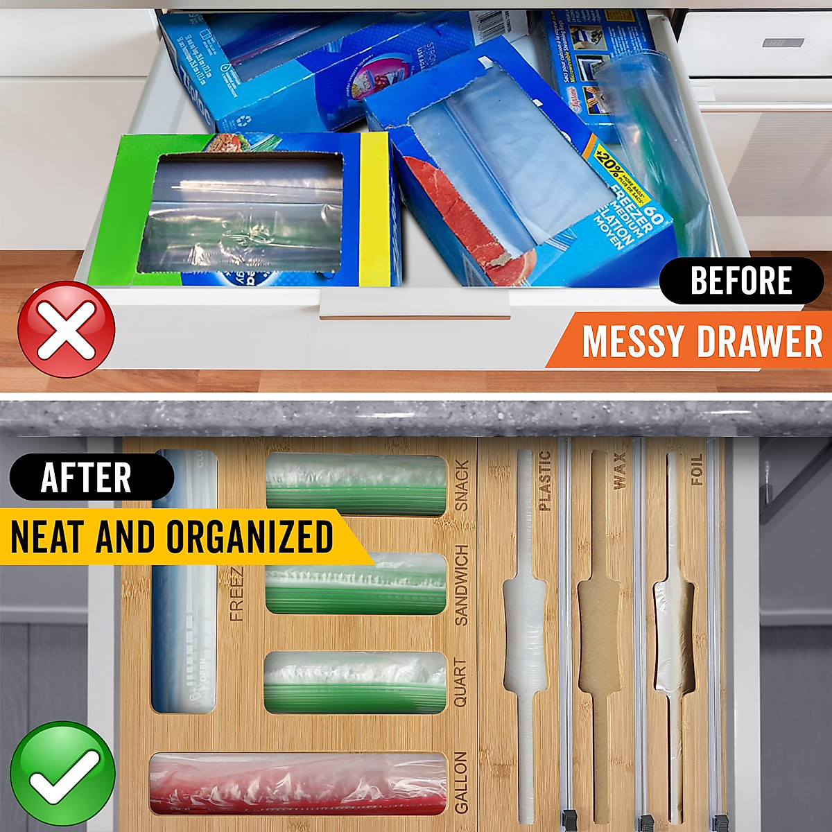 Chef's Haven 9 IN 1 Storage Bag Organizer, Foil and Plastic Wrap Organizer with Cutters, Bamboo Kitchen Baggie Organizer for Drawer, Pantry & Countertop, Storage for Gallon, Quart, Sandwich, Snack Bag