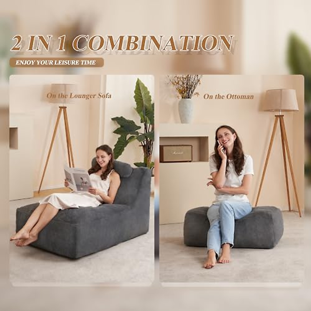 Homguava Bean Bag Chair Large Indoor Beanbag Sofa Lazy Beanbag with Neck Roll&Ottoman Cozy Floor Sofa with Washable Cover&Side Pocket for Bedroom (Grey)