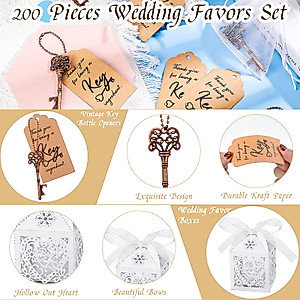 Sawysine 50 Set Key Bottle Openers Skeleton Key Valentine's Day Favors with Escort Card Tag and Key Chains, Love Heart Laser Cut Candy Boxes and White Organza Bags Rustic Decoration