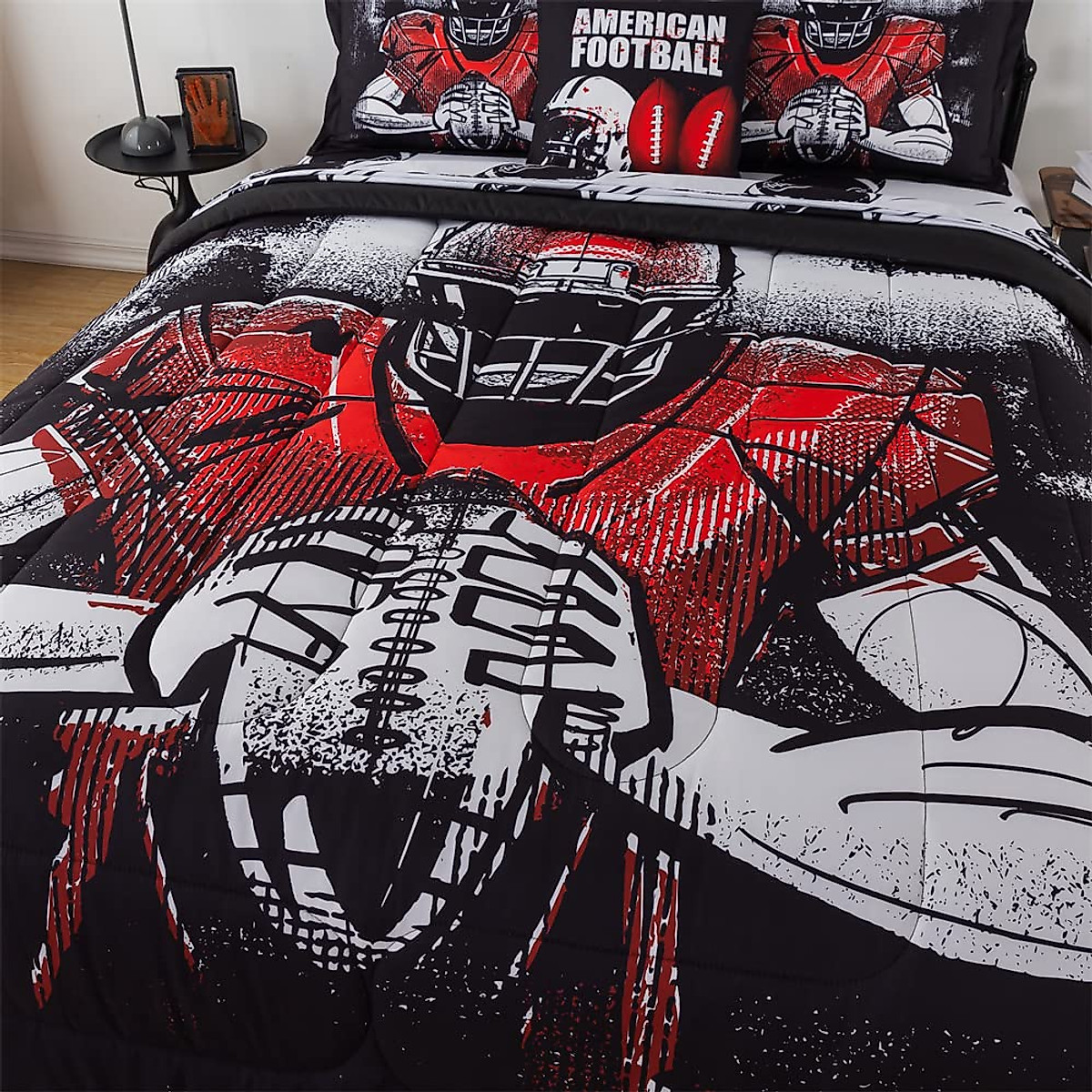 qjmiaofang Football Comforter Set 6Pieces Boys American Football Bedding Set Twin Size for Kids Teens Sports Themed Bed in A Bag American Football Player Bedding Set with Black Football Sheet for Home