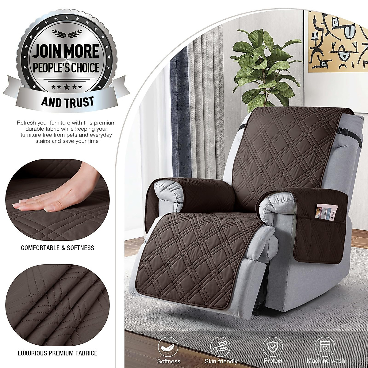 TAOCOCO 100% Waterproof Recliner Chair Cover, Non Slip Covers for Recliner Chair with Pocket, Washable Reclining Chair/Furniture Protector for Kids, Pets(23.6'', Chocolate)