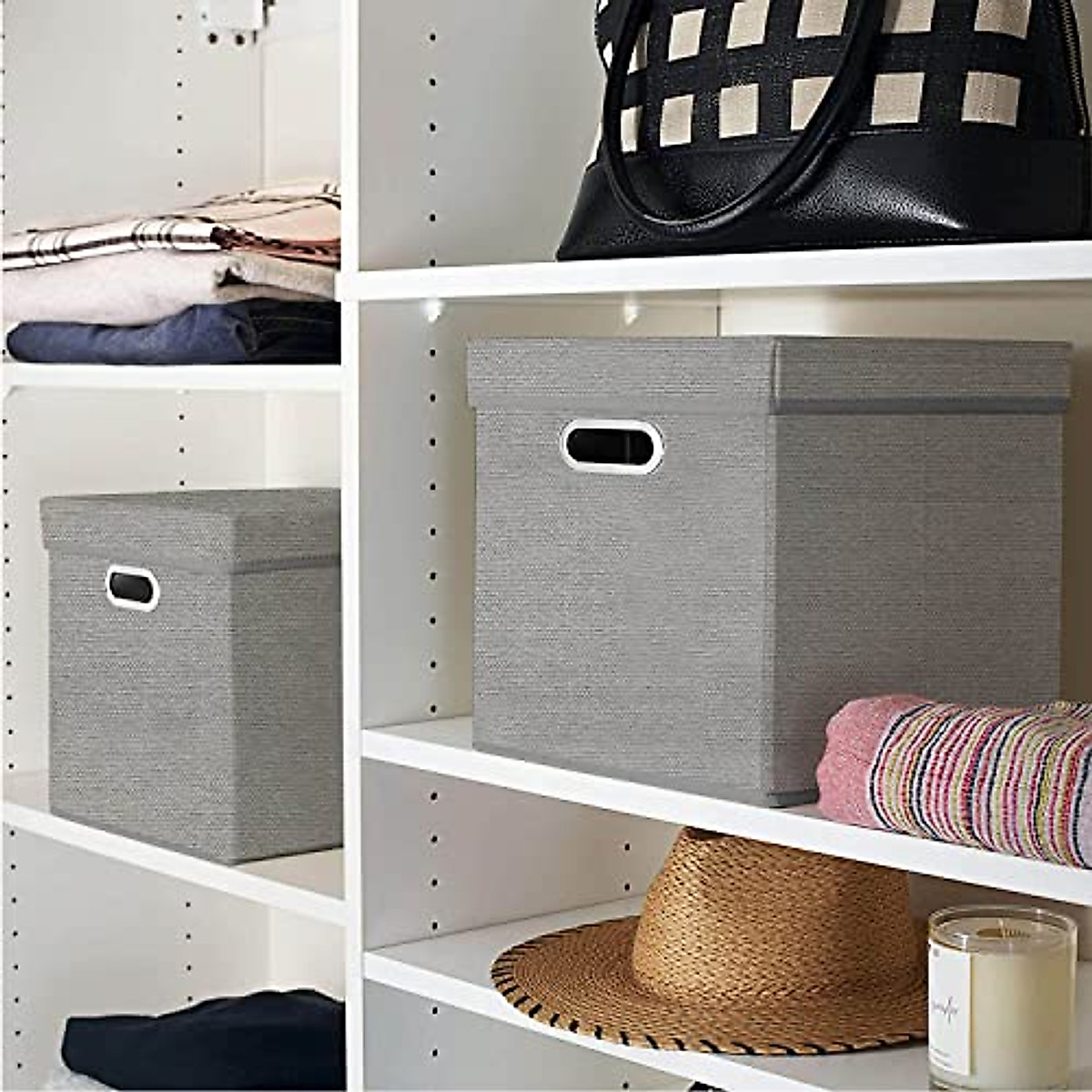 Collapsible Storage Bins With Lids, Linen Fabric Foldable Storage Boxes Closet Organizer Containers With Cover For Home, Office, Bedroom Nursery [2-Pack] (Gray, Metal Handle)